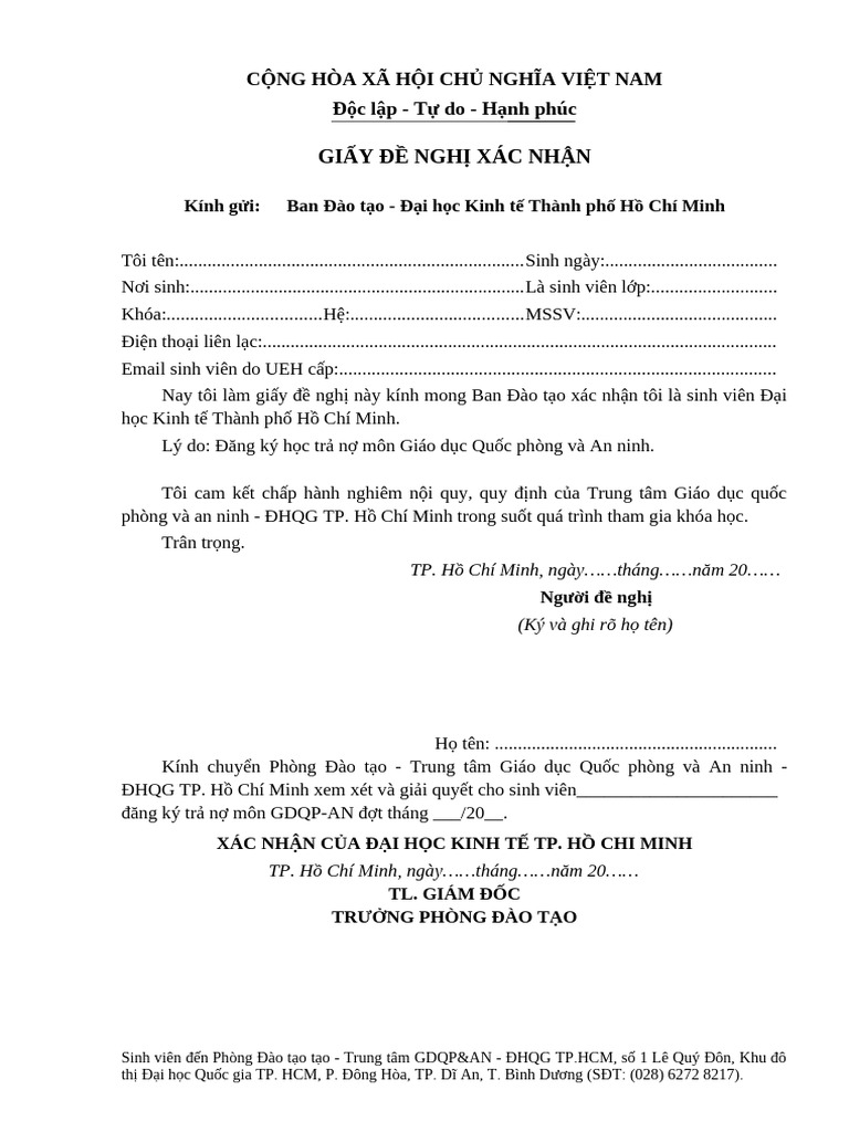 Giay Xac Nhan Sinh Vien Hoc GDQP | PDF