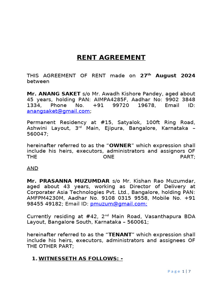 D-307 Rent Agreement MR - Prasanna Draft | PDF | Leasehold Estate | Renting