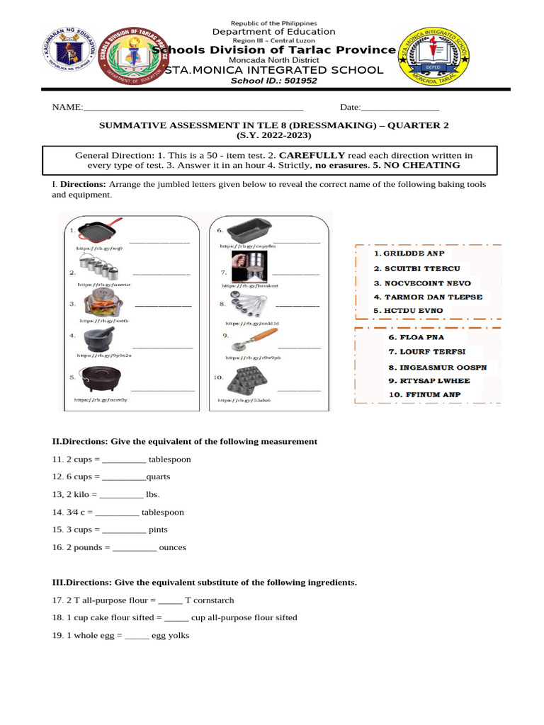 TLE 8 Dressmaking Summative Assessment | PDF