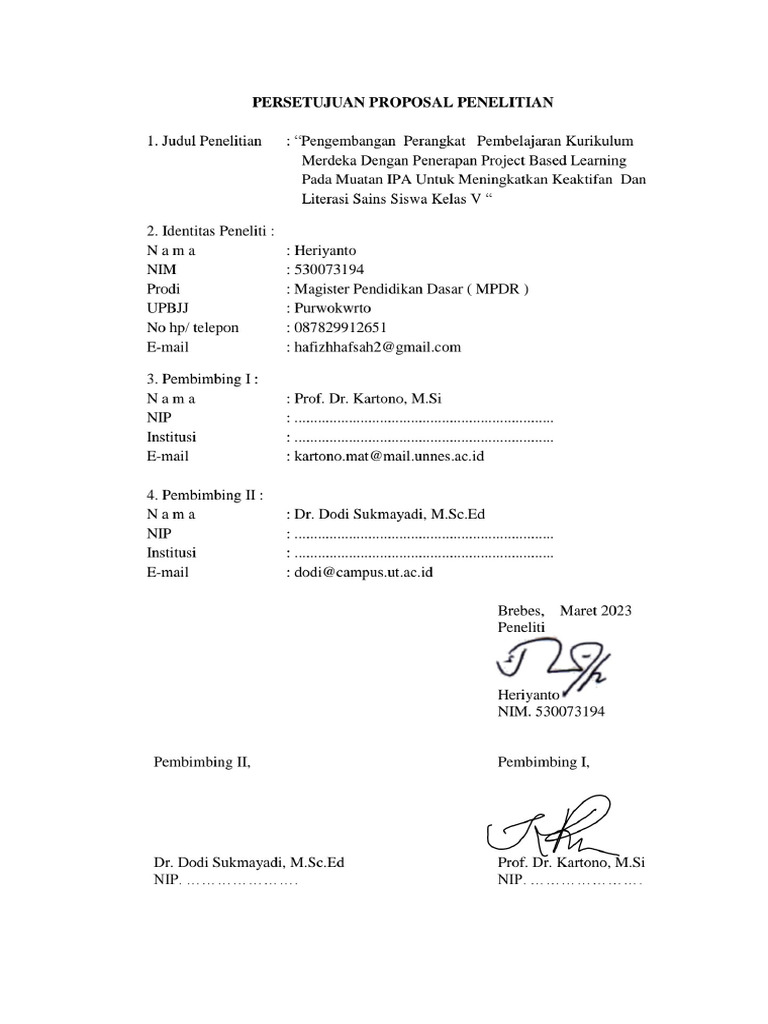 Persetujuan Proposal Penelitian BTR 1 | PDF