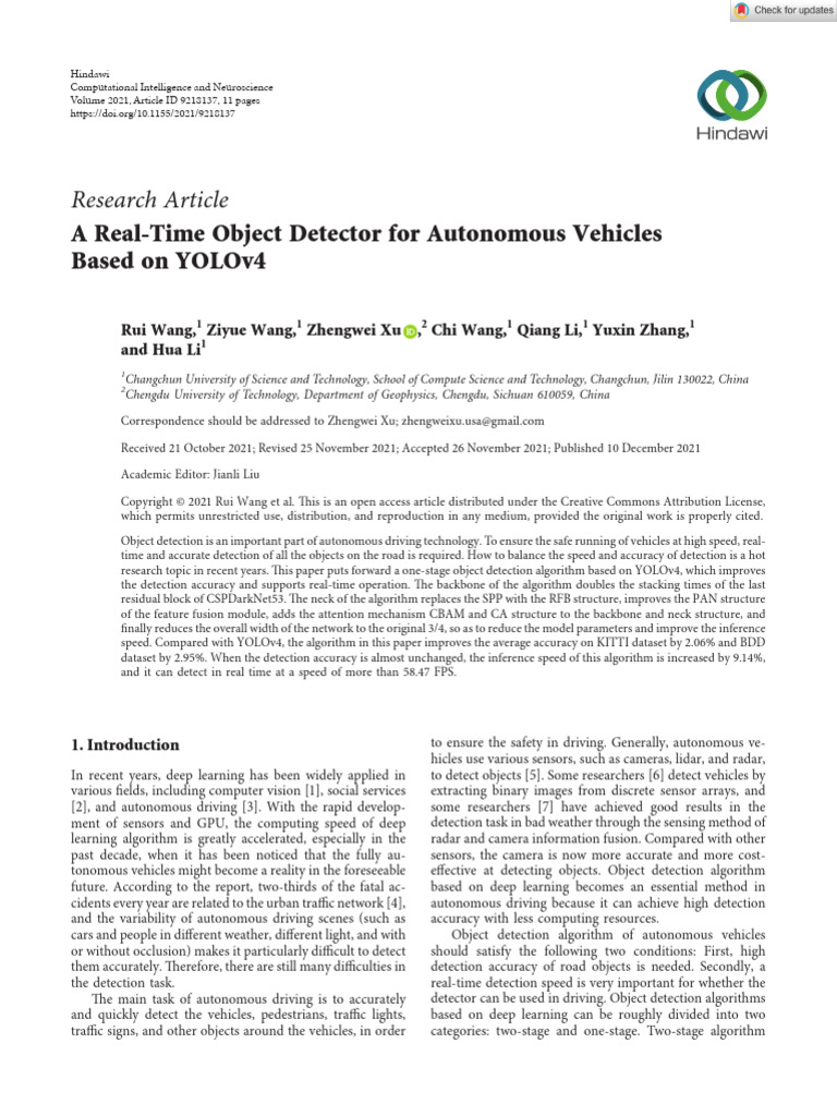 Research Article: A Real-Time Object Detector For Autonomous Vehicles Based On Yolov4 | PDF ...