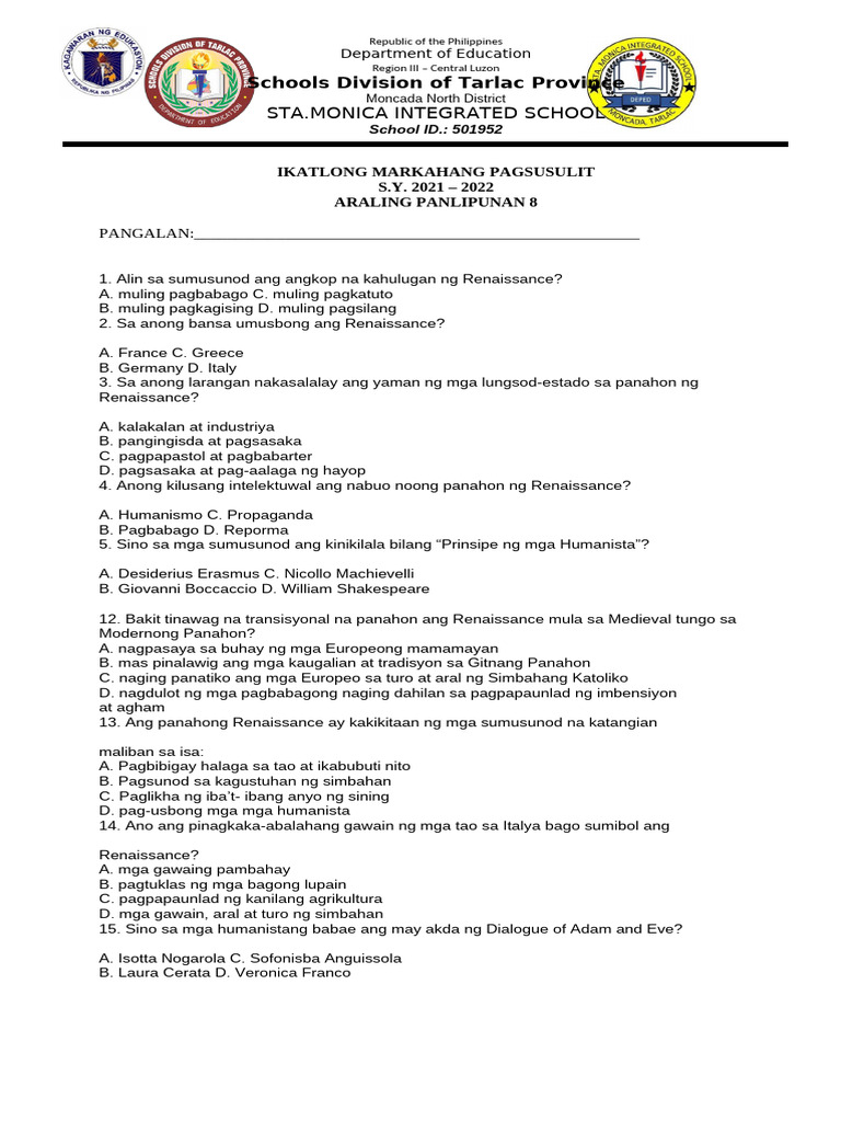 3rd Quarter Exam AP8 | PDF