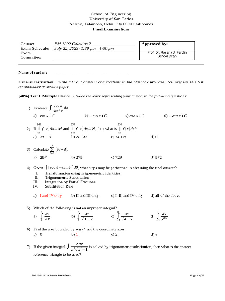 EM 1202 Calculus 2 Final Exam Guide | PDF | Trigonometric Functions ...