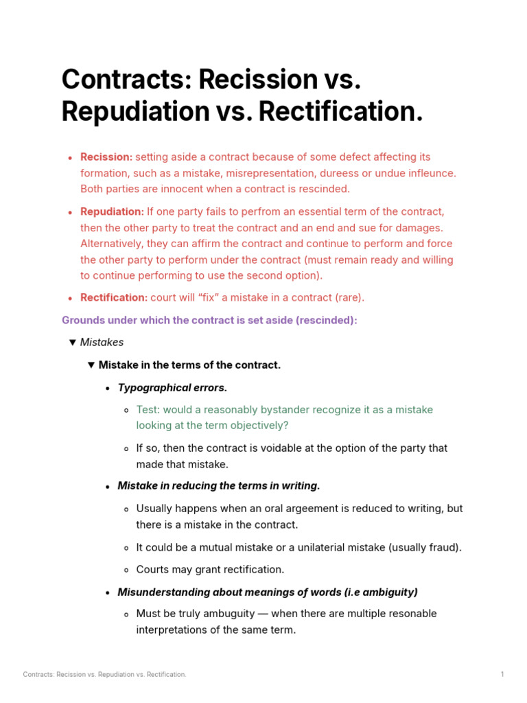 Contracts Recission Vs Repudiation Vs Rectification | PDF ...