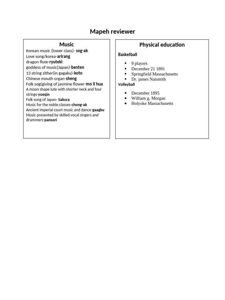 MAPEH Music and PE Review Guide | PDF