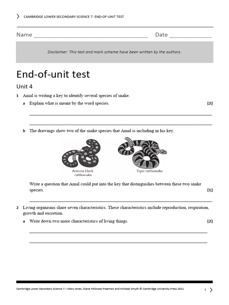 S7 End-Of-unit Test 4 | PDF | Biology | Organisms
