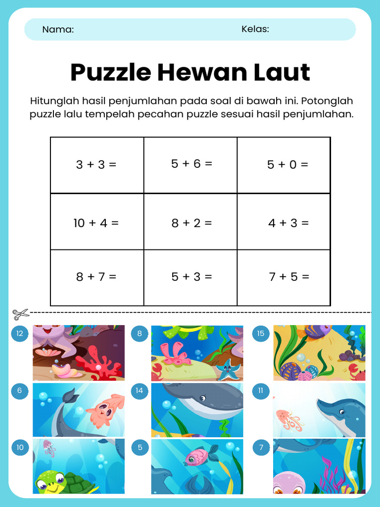 Puzzle Hewan Laut Penjumlahan Dibawah 20 Worksheet Biru Dan Putih Gaya ...