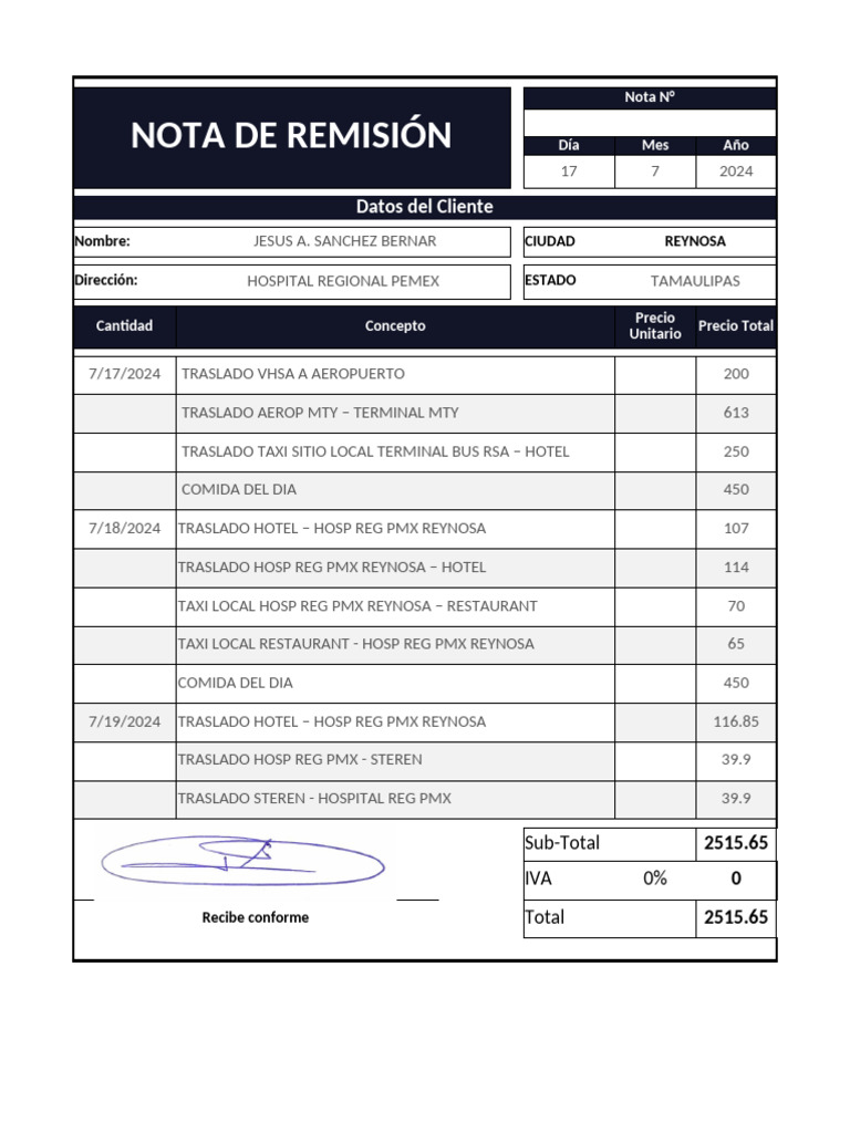 Formato Nota de Remision Excel | PDF