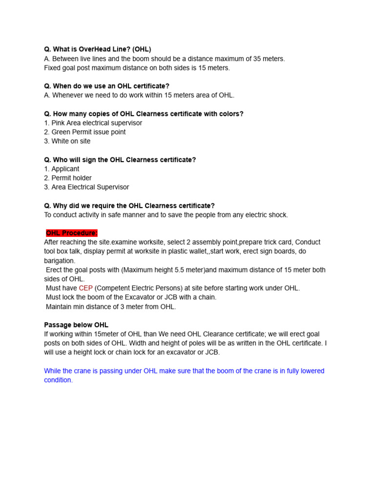 OHL Safety Procedures and Clearance Requirements | PDF