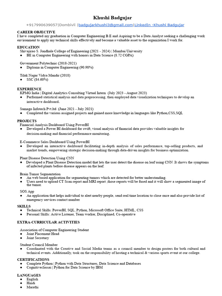 Khushi Badgujar Resume | PDF | Data Science | Information Technology