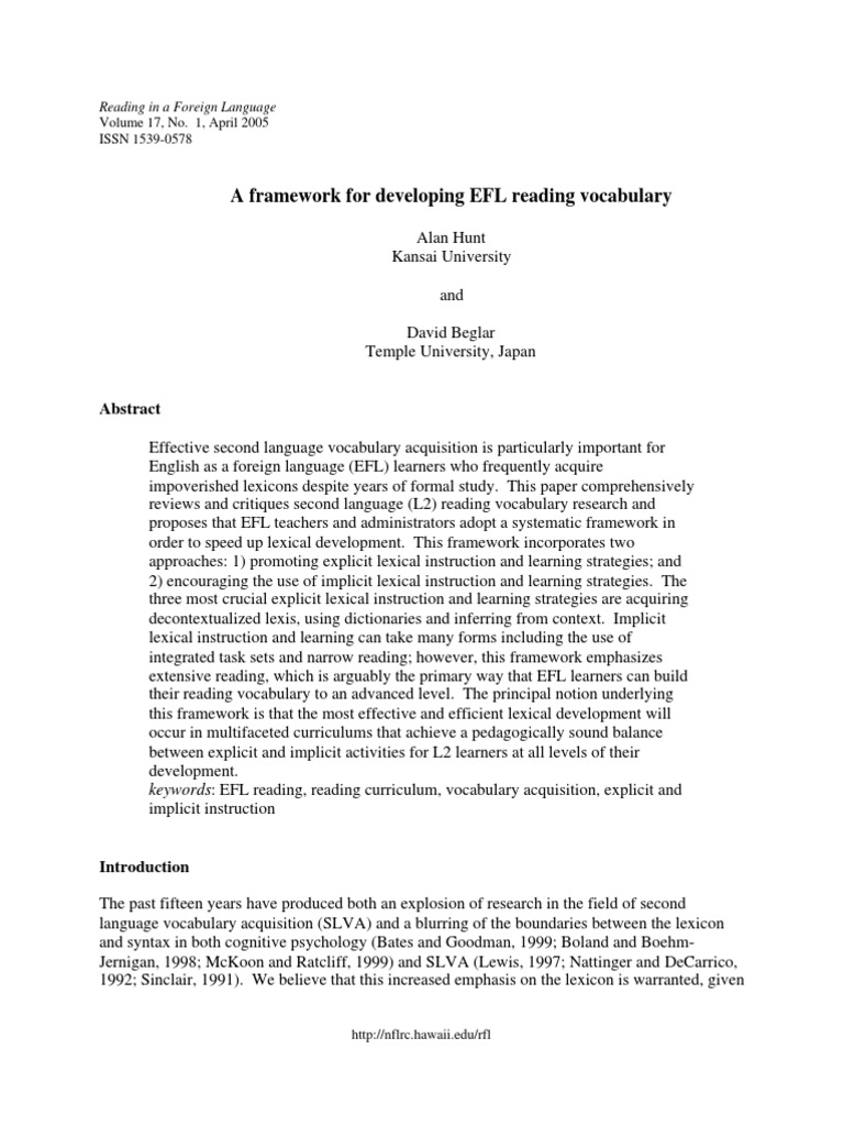 Hunt & Beglar (2005) - A Framework For Developing EFL Reading ...