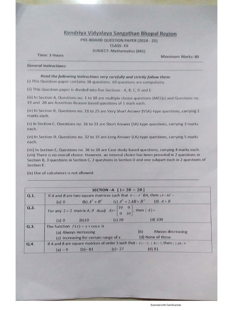 Maths - PB1 (Bhopal Region) | PDF