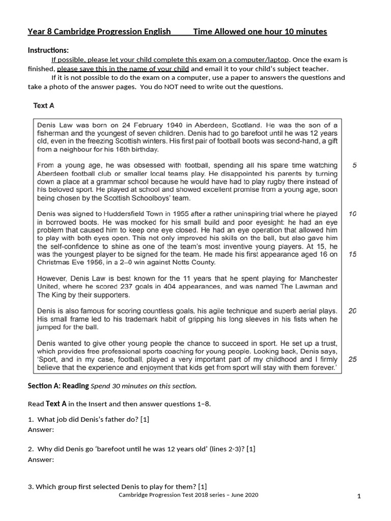 Year 8 Cambridge Progression English Test | PDF | Paragraph | Human ...