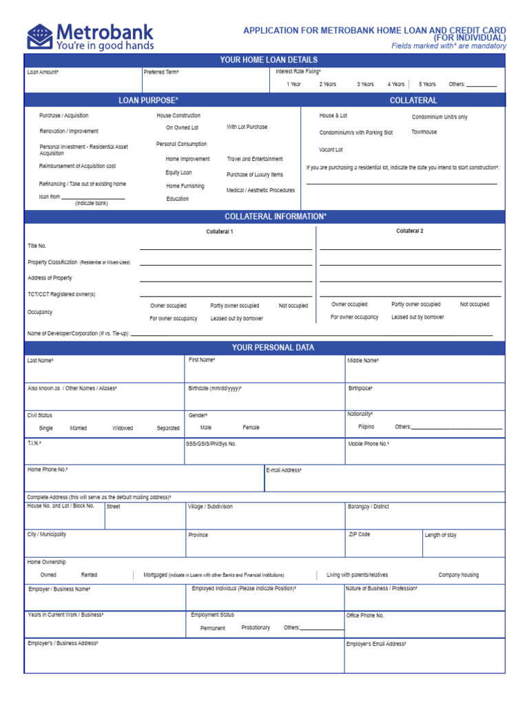 Metrobank Home Loan Application Form (Individual) | PDF | Credit Card ...