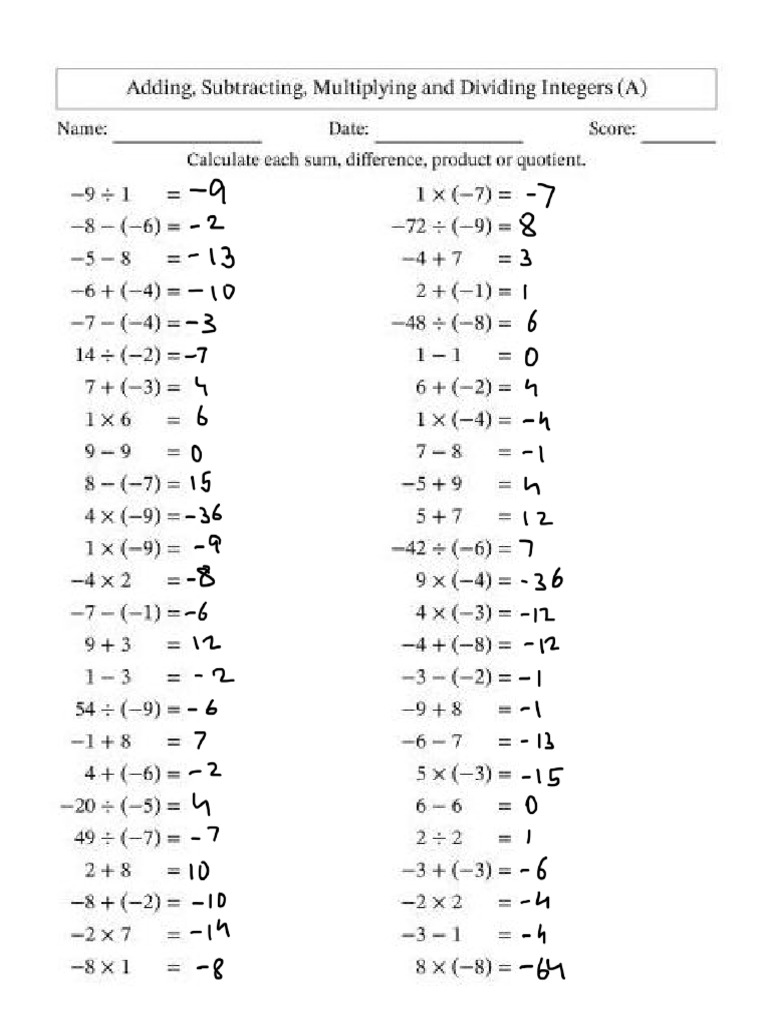 Integers Extra 1 | PDF