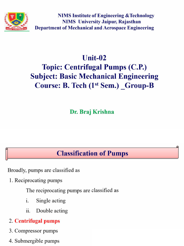BME 18-09-2024 Unit-02 Pumps Centrifugal Pump | PDF