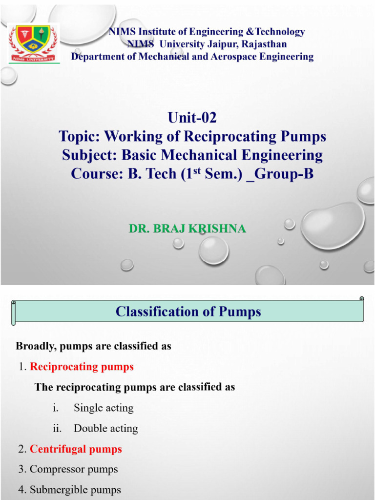 BME - 16-09-2024 - Unit-02 - Pumps - Reciprocating Pump | PDF