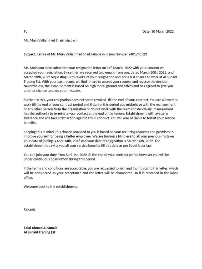Rehire Offer for Muin Shaikhshabash | PDF