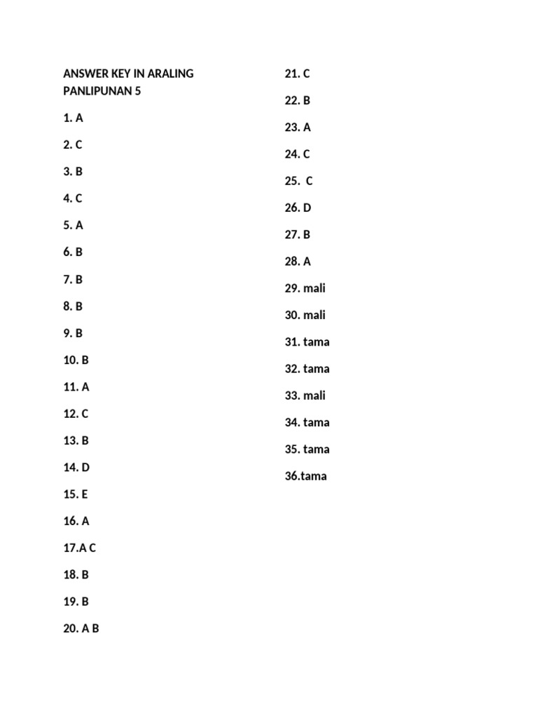 Answer Key in Araling Panlipunan 5 | PDF