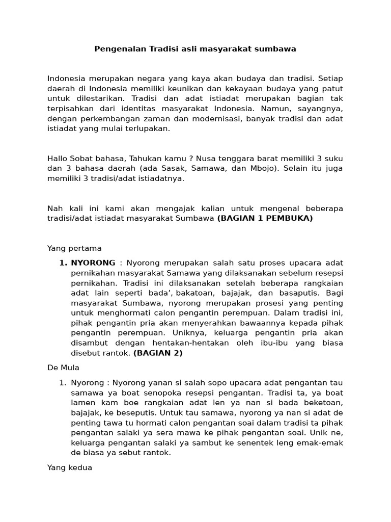 Konten Pengenalan Tradisi Asli Masyarakat Sumbawa | PDF