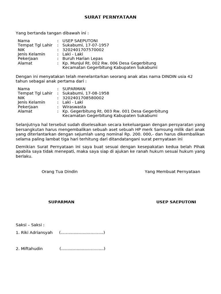 Surat Pernyataan Usep Saeputoni Pdf