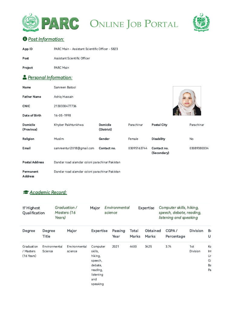 PARC Job Portal Application Details | PDF