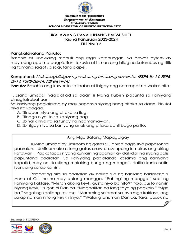 Filipino 3 q2 Ikalawang Panahunang Pagsusulit 2023 2024 1 | PDF