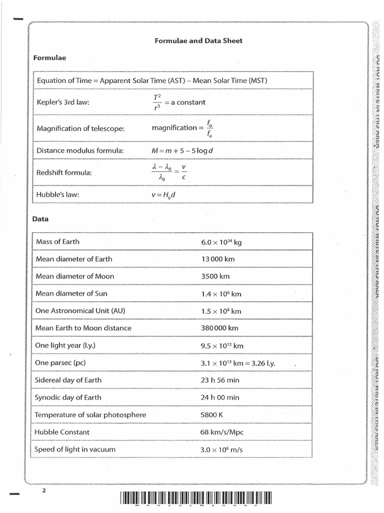 Edexcel Astronomy Formulae and Data Sheet | PDF