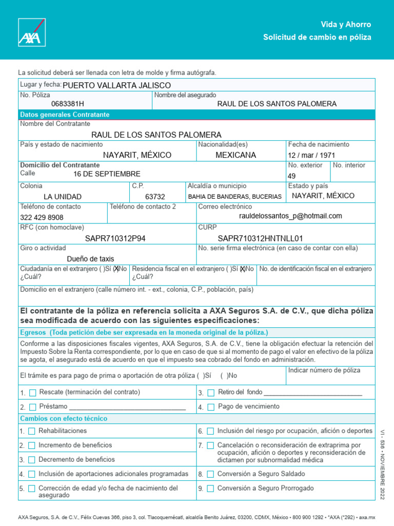 Solicitud de Cambio en Poliza | PDF | Seguro | Póliza de seguros