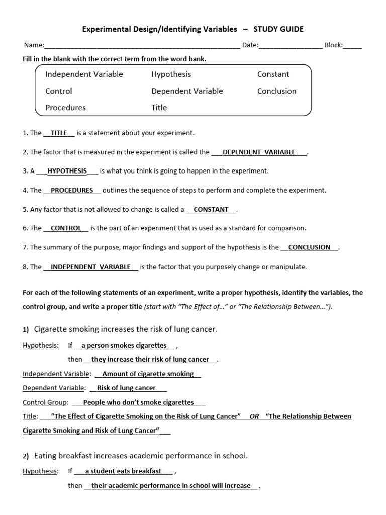 Experimental Design STUDY GUIDE - KEY | PDF | Experiment