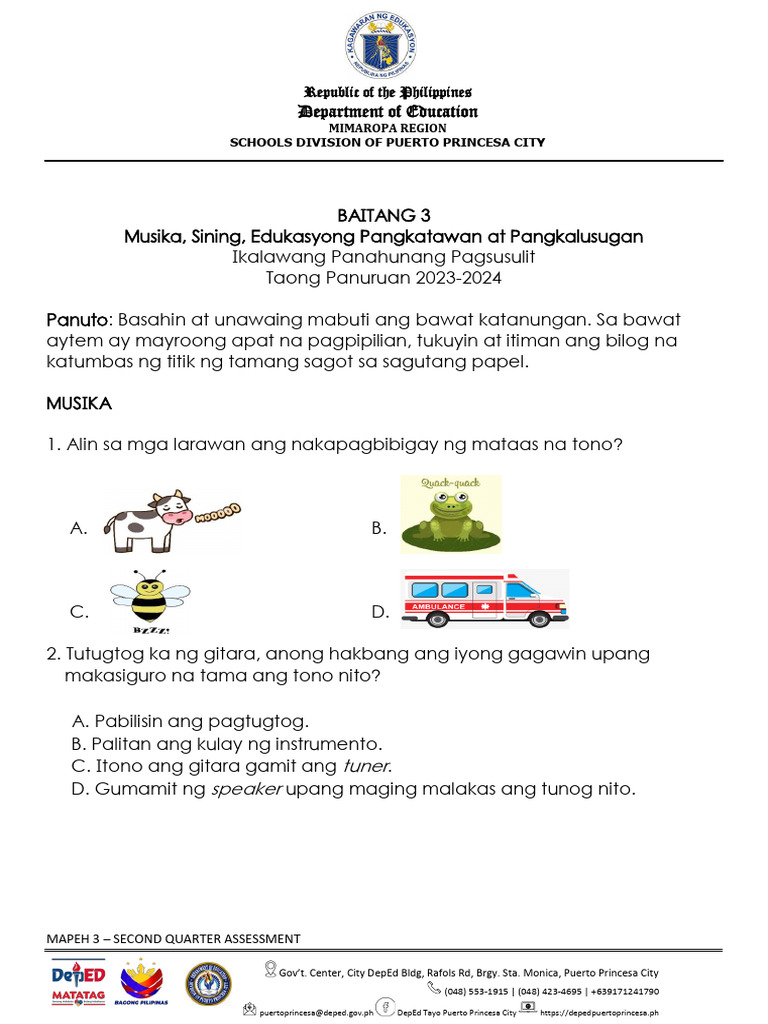 Mapeh Grade 3 Second Quarterly Assessment Sy 2023-2024 | PDF