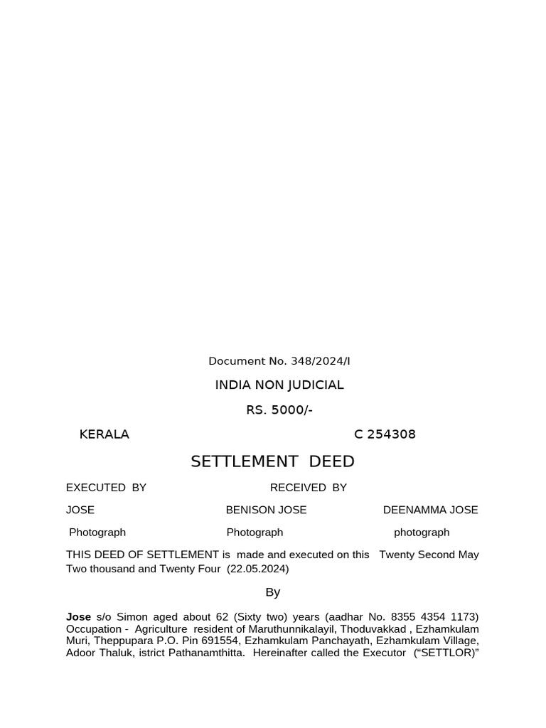 Settlement Deed | PDF | Property | Deed