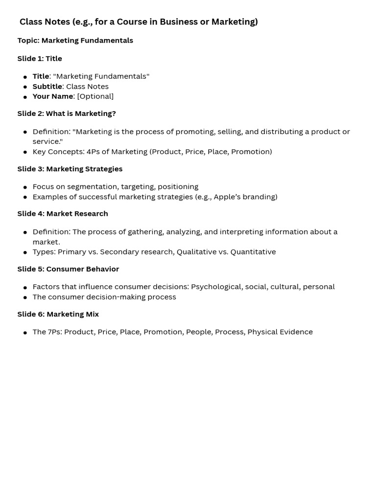 Class Notes For A Marketing Course | PDF