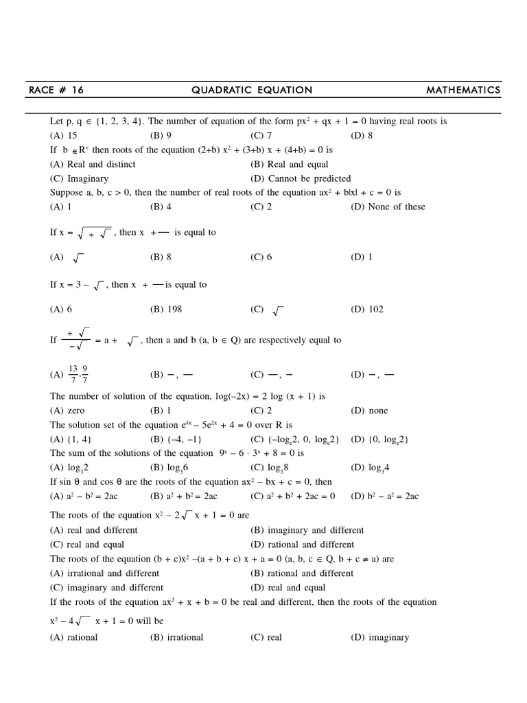 Race-16 - Quadratic Equation | PDF | Elementary Mathematics | Discrete Mathematics