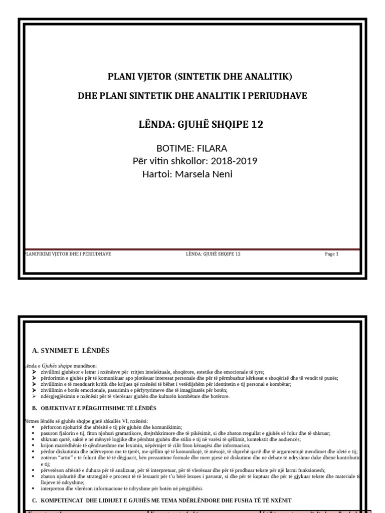 Planifikimi Vjetor Dhe I Periudhave Gjuha Shqipe 12 | PDF