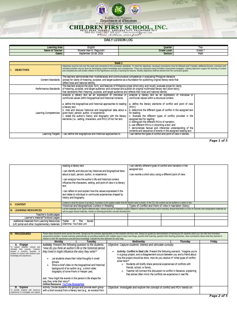 DLL W2 Eng7 Q2 | PDF | Narration | Learning