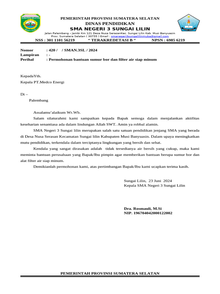 Surat Permohonan Bantuan Sumur Bor | PDF