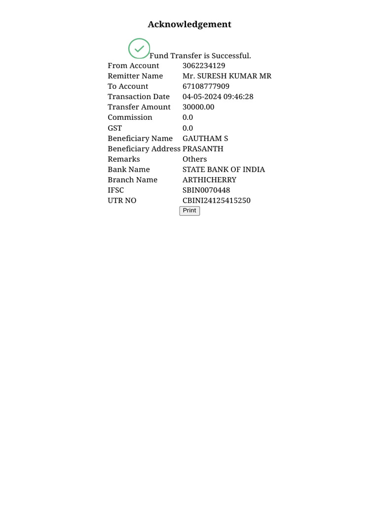Successful Fund Transfer Acknowledgement | PDF