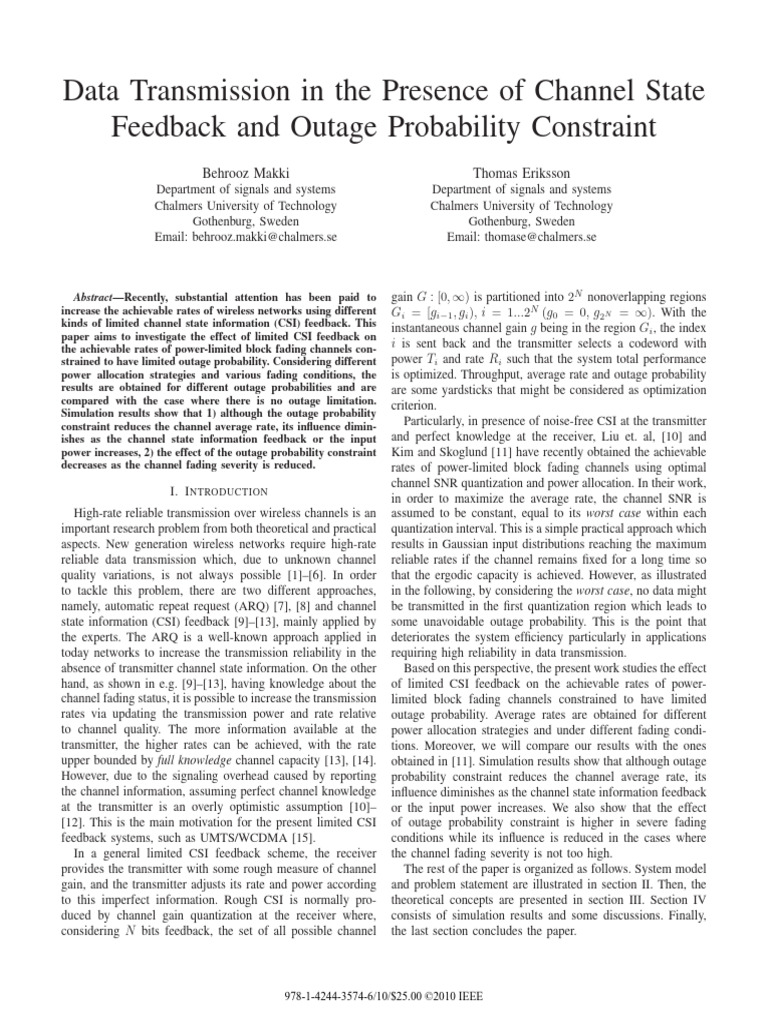 Data Transmission in The Presence of Channel State Feedback and Outage Probability Constraint ...