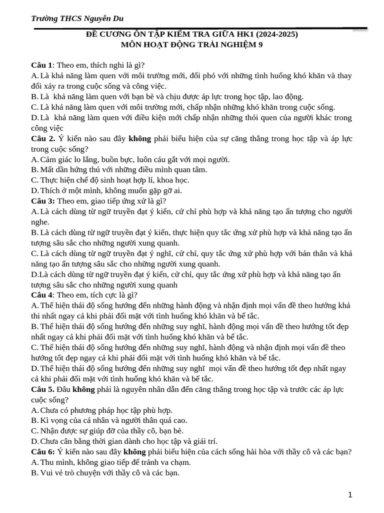 De Cuong KT Giua Hk1 HDTNHN 9 | PDF