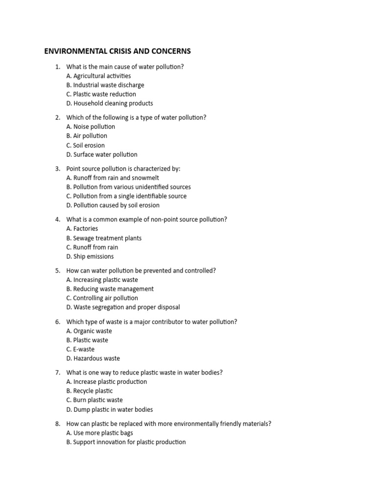 Environmental Crisis and Concerns Quiz | PDF | Waste | Pollution