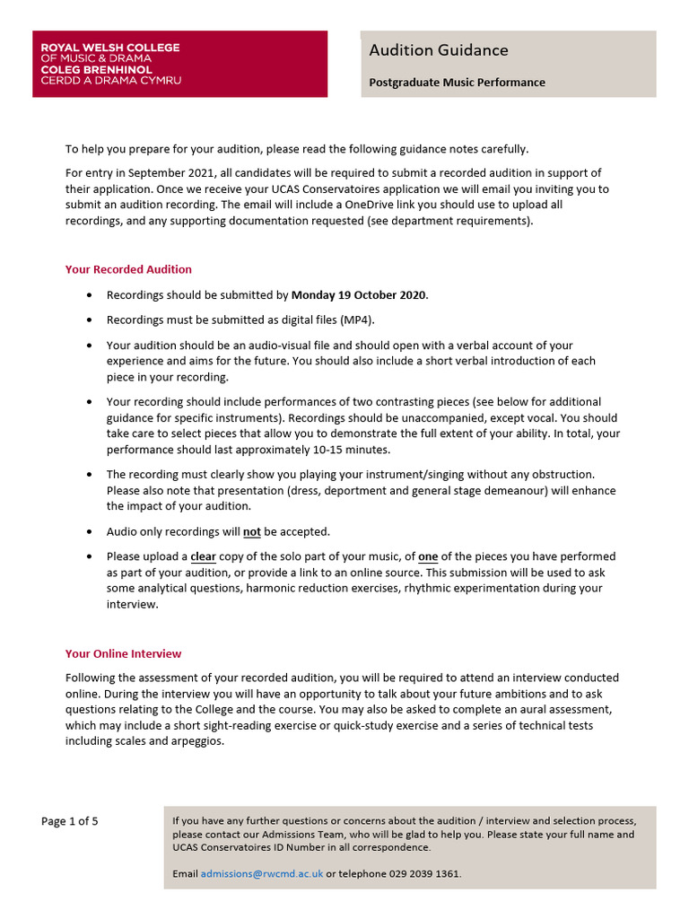 Postgraduate Music Audition Guide | PDF | Audition