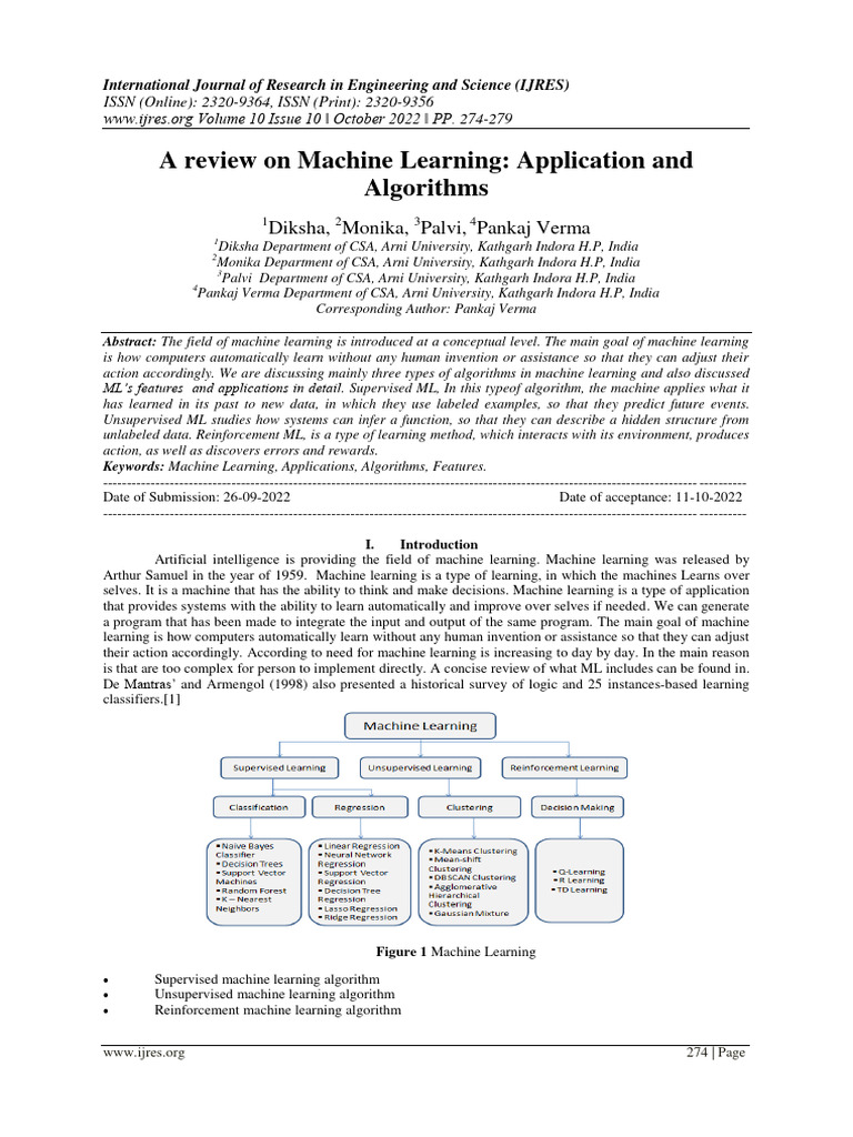 A Review On Machine Learning Application | PDF | Cluster Analysis | Machine Learning