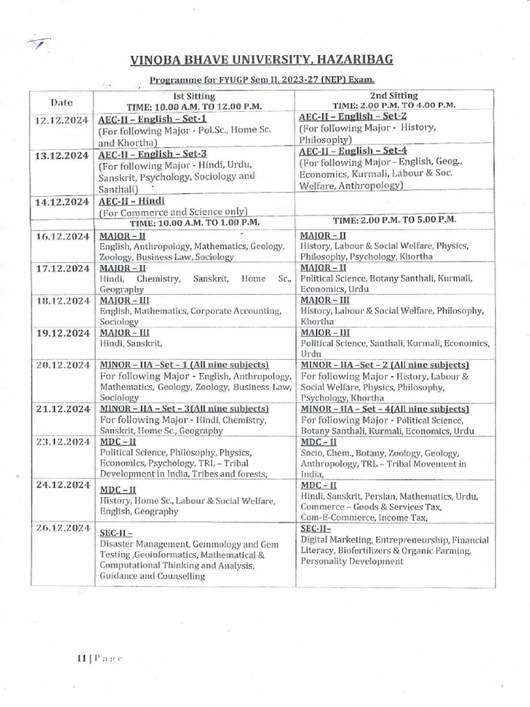 Vbu Sem 2 (2023-27) Exam Routine | PDF