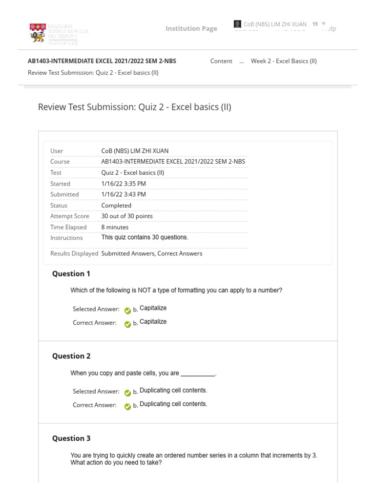 (AB1403) Intermediate Excel Quiz 2 - Excel Basics (II) - .. | PDF | Microsoft Excel | Spreadsheet
