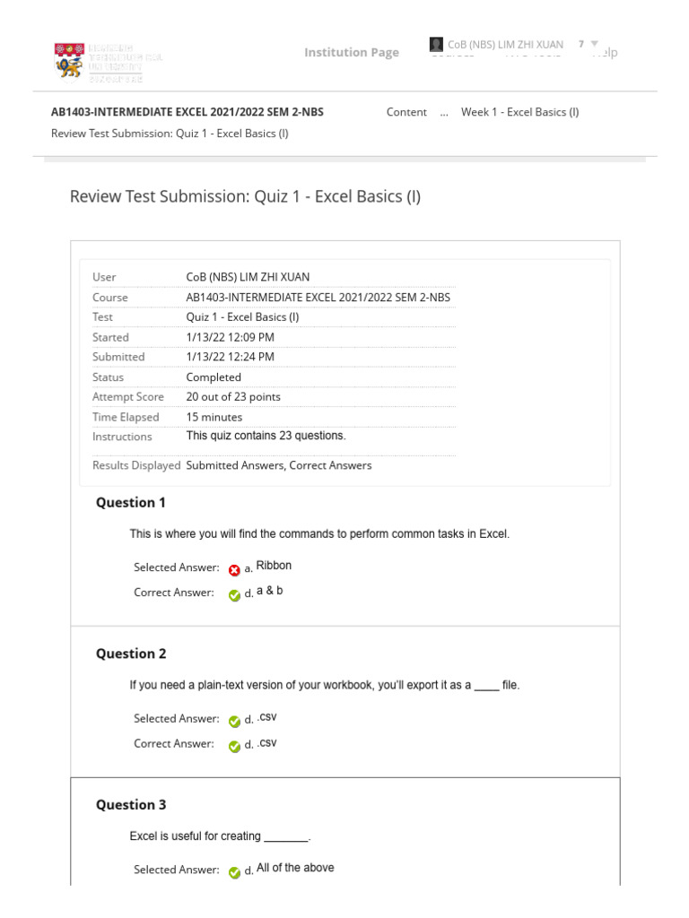 (AB1403) Intermediate Excel Quiz 1 - Excel Basics (I) - .. | PDF | Microsoft Excel | Computing ...