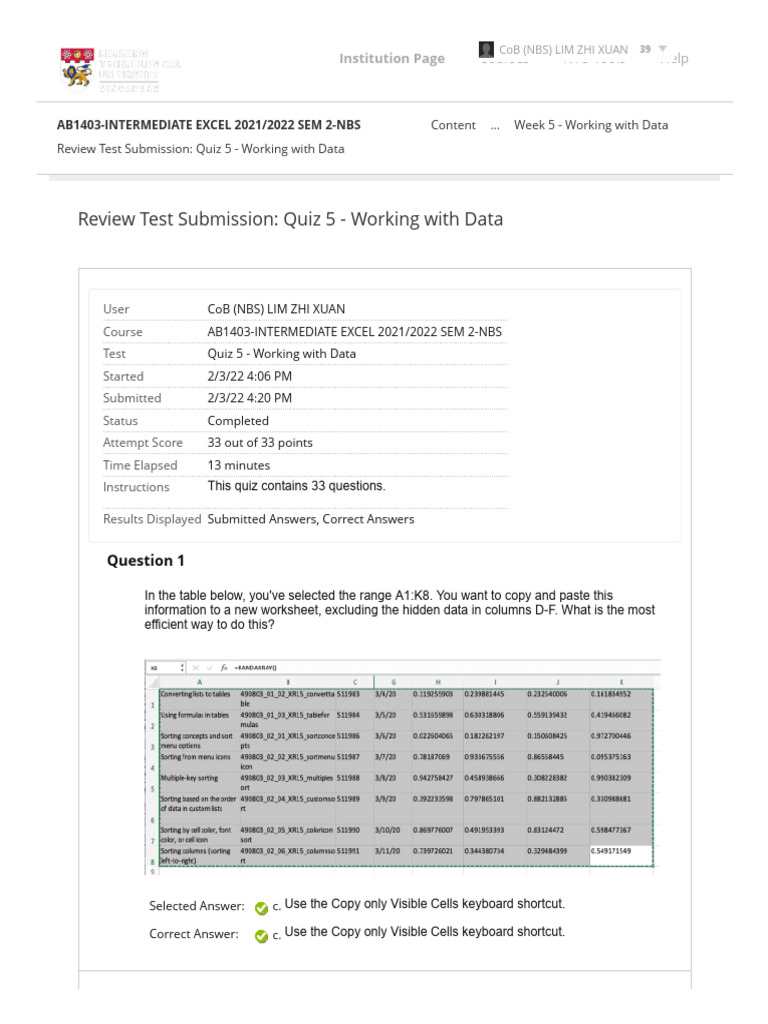 (AB1403) Intermediate Excel Quiz 5 - Working With Data - .. | PDF | Microsoft Excel | Software