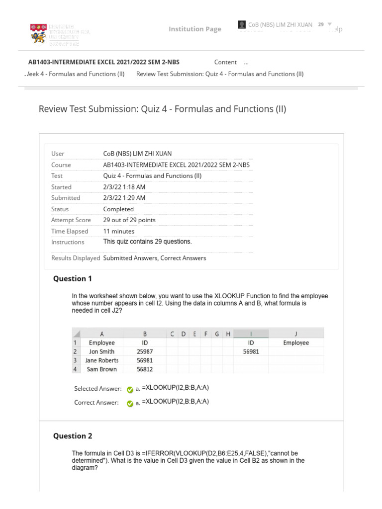 (AB1403) Intermediate Excel Quiz 4 - Formulas and Functions (II) &.. | PDF | Software ...