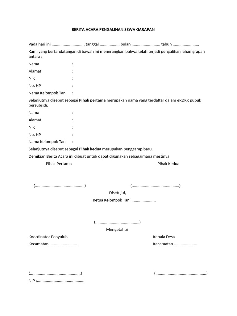 Berita Acara Pengalihan Sewa Garapan | PDF