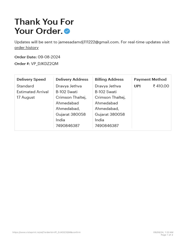 VistaPrint Order Details | PDF